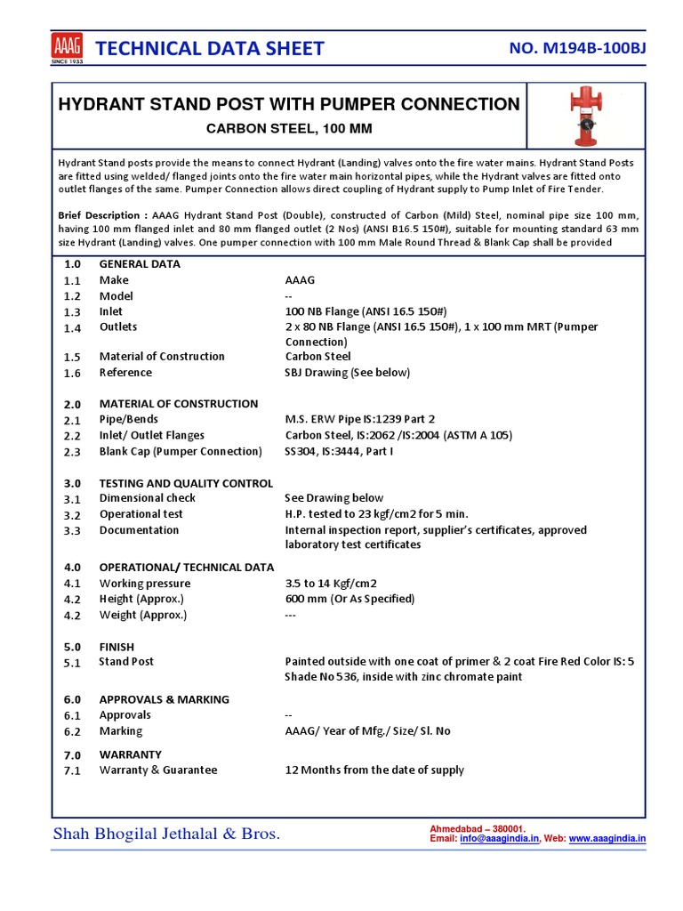Technical Data Sheet: Hydrant Stand Post With Pumper Connection | PDF ...