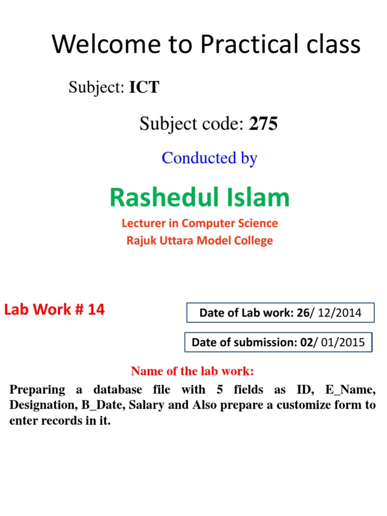 Welcome To Practical Class: Subject Code: 275 | PDF | Microsoft Access | Databases