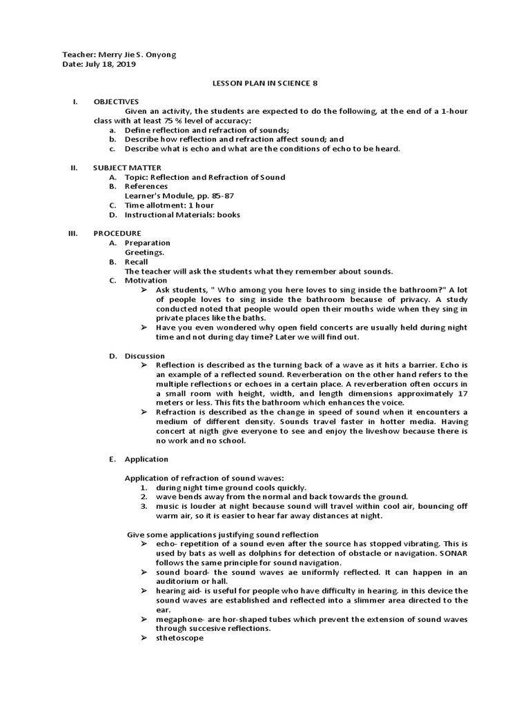 Lesson Plan Forreflection of Sound | PDF | Reflection (Physics) | Sound