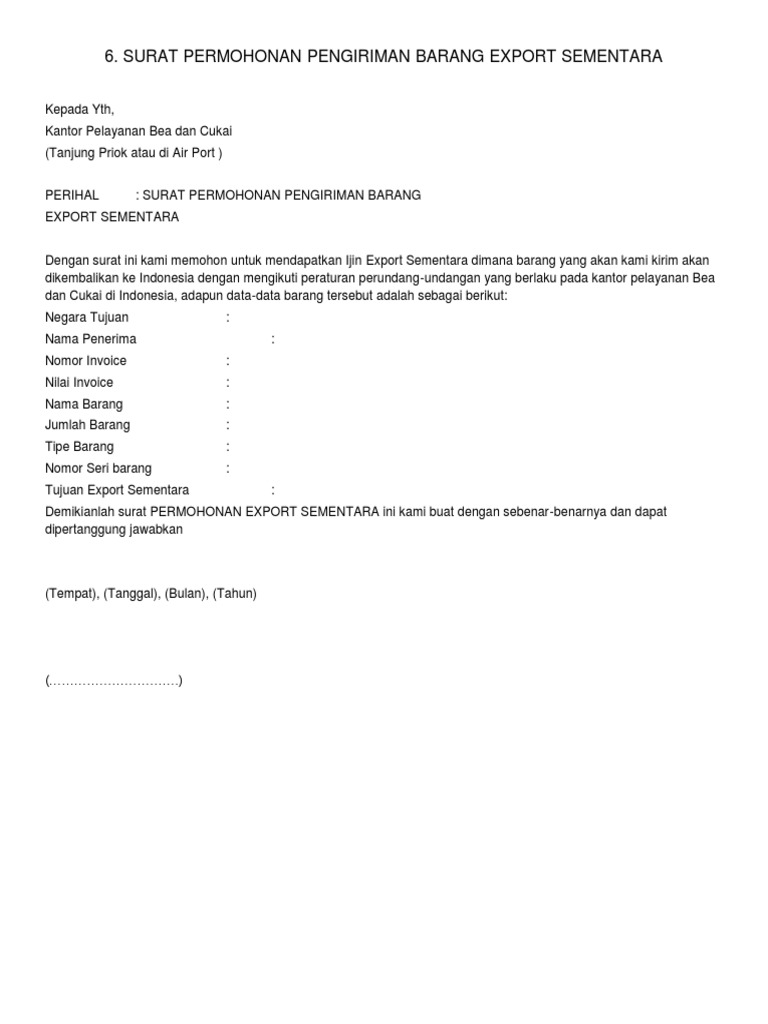 Surat Permohonan Pengiriman Barang Export Sementara | PDF