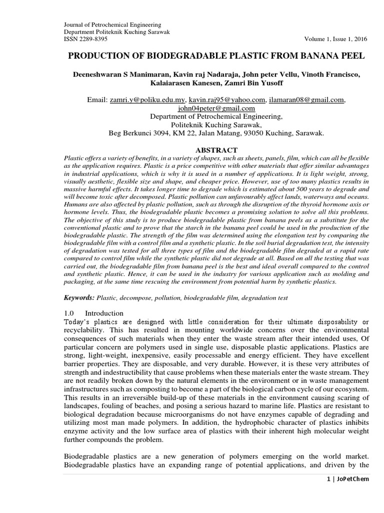 Production of Biodegradable Plastic From Banana Peel | PDF | Biodegradation | Plastic