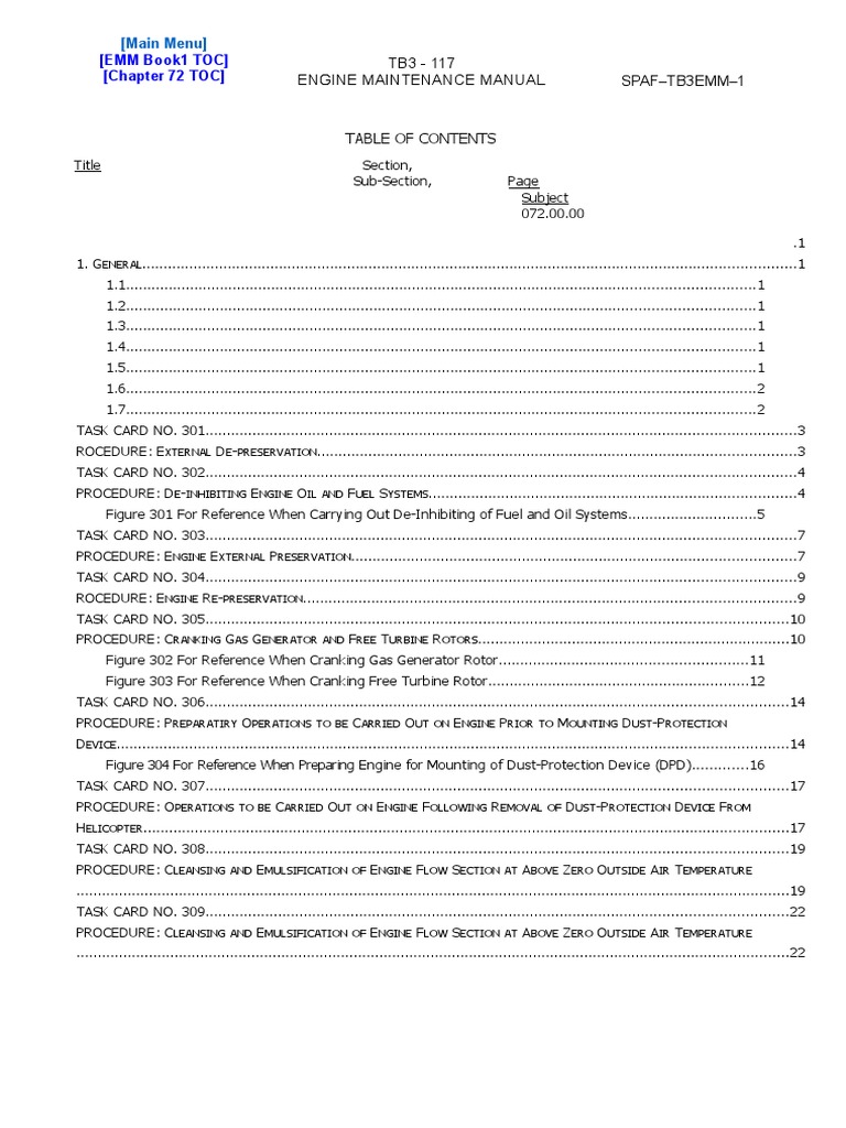 (EMM Book1 TOC) (Chapter 72 TOC) : TB3 - 117 Engine Maintenance Manual ...