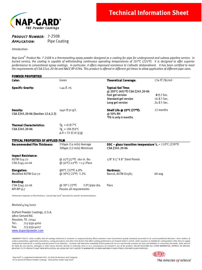Technical Information Sheet: 7-2508 Pipe Coating | PDF | Du Pont | Pipe ...