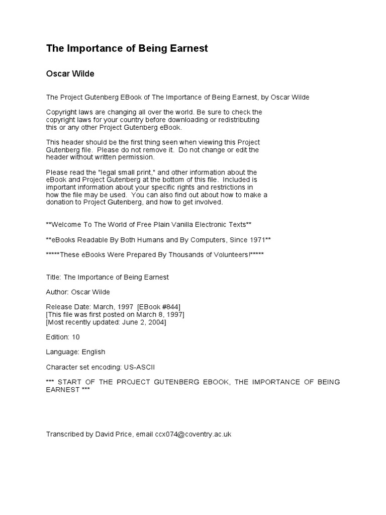 The Importance of Being Earnest: Oscar Wilde | PDF | The Importance Of ...