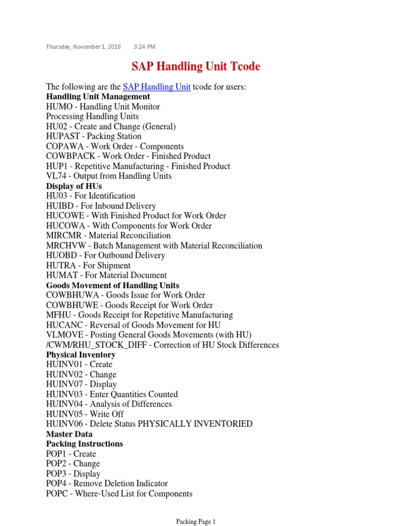 SAP Handling Unit Tcode | PDF | Business | Computers