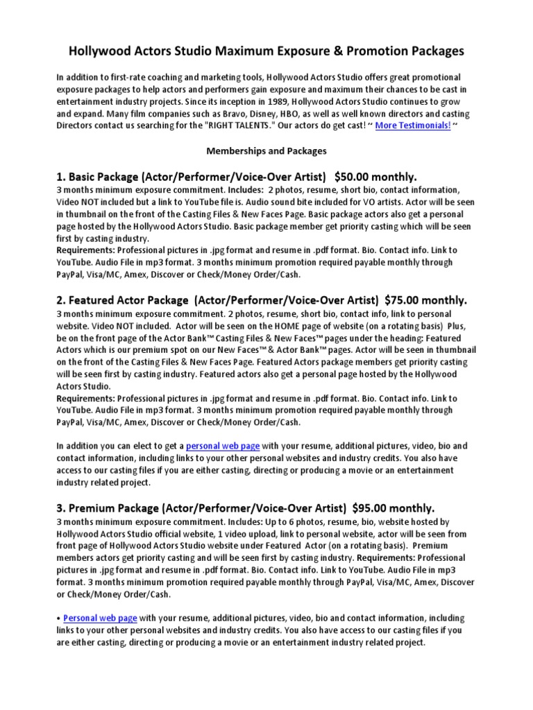 Hollywood Actors Studio Maximum Exposure & Promotion Packages ...