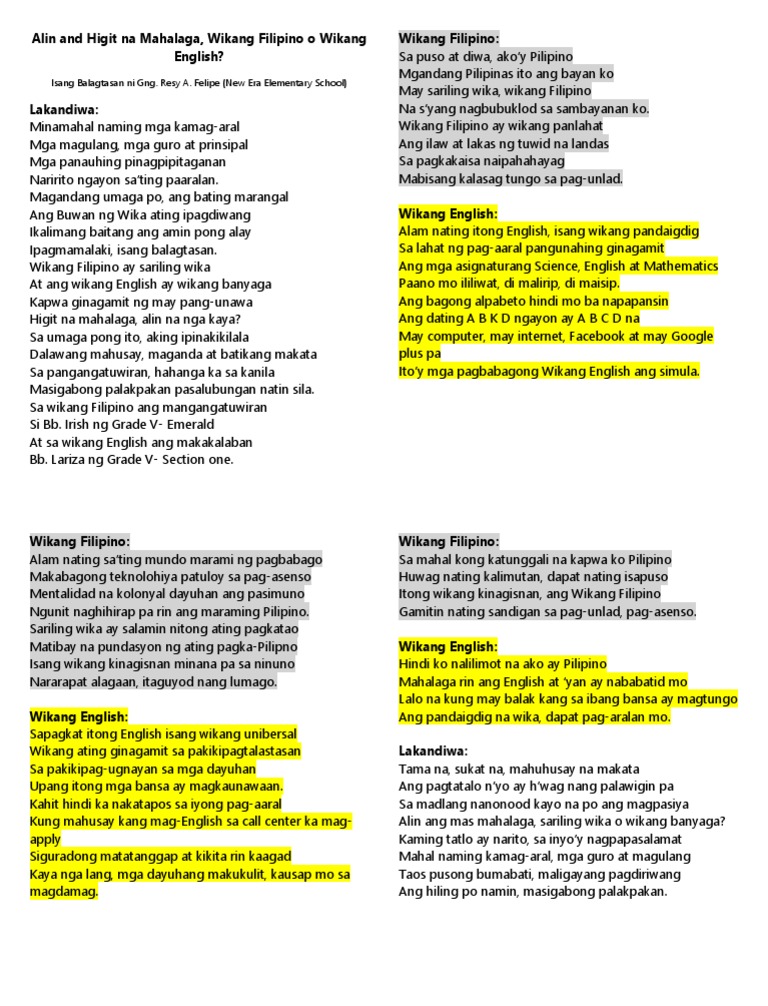 Alin and Higit Na Mahalaga Wikang Filipino O Wikang English