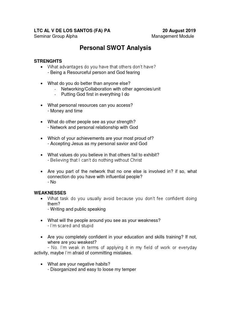 Personal SWOT Analysis | PDF | Swot Analysis | Psychology