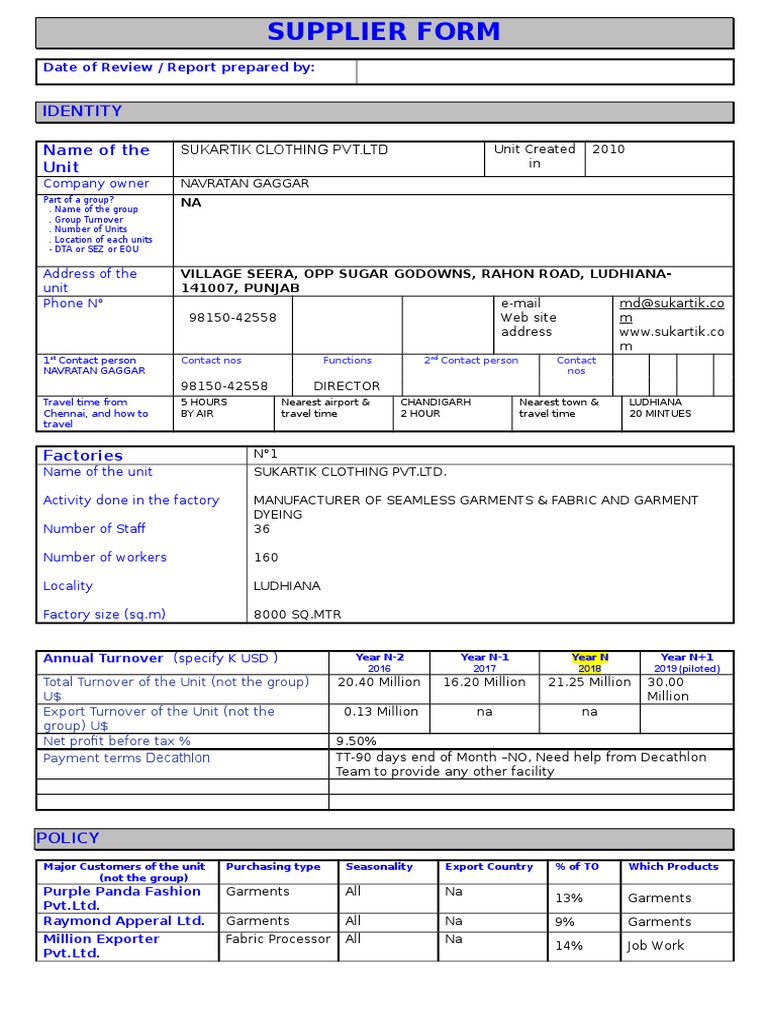 SUPPLIER FORM: SUKARTIK CLOTHING PVT.LTD | PDF | Industries | Business
