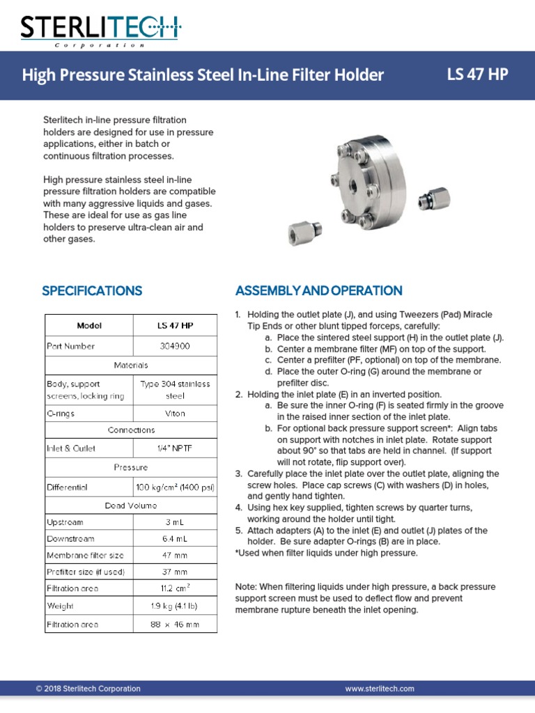 High Pressure Stainless Steel In-Line Filter Holder Ls 47 HP | PDF | Filtration | Membrane