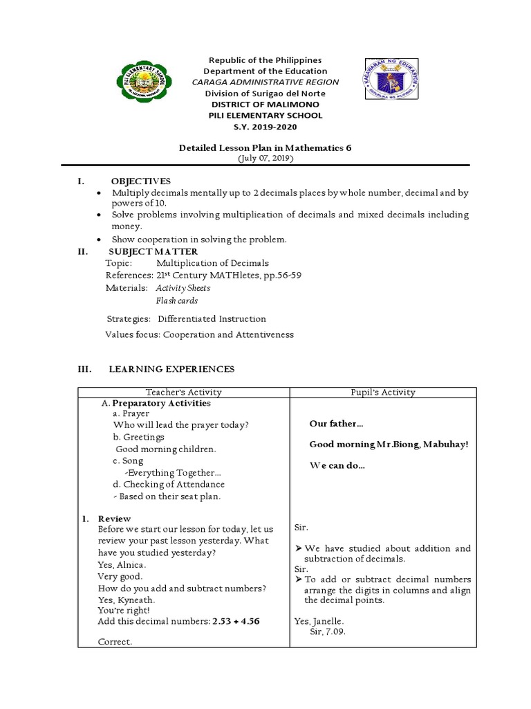 Detailed Lesson Plan in Mathematics 6 2020 | PDF | Numbers | Multiplication