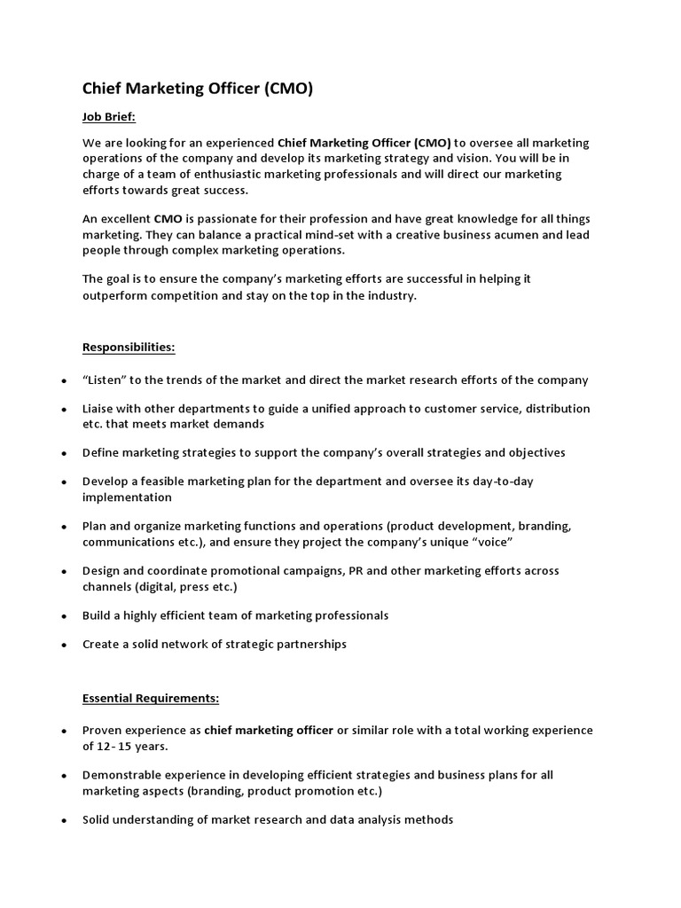 Chief Marketing Officer (CMO) : Job Brief | PDF