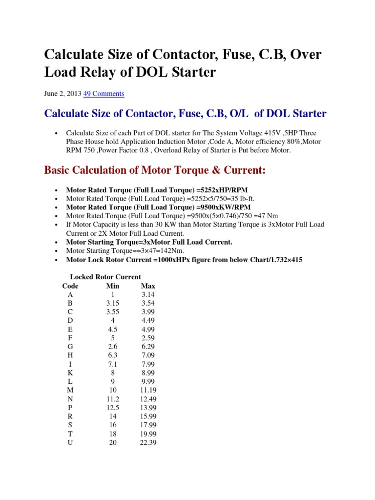 DOL Starter Component Sizing Guide | PDF | Electric Motor | Fuse ...