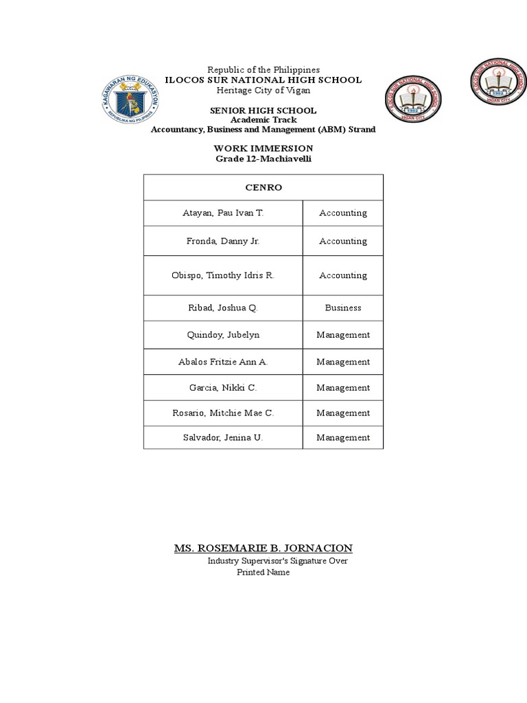 Work Immersion Placements: ABM Students Gain Valuable Experience in ...