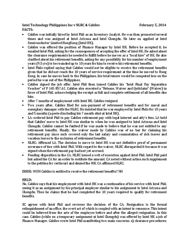 Intel Technology Philippines V NLRC & Cabiles | PDF | Hong Kong ...