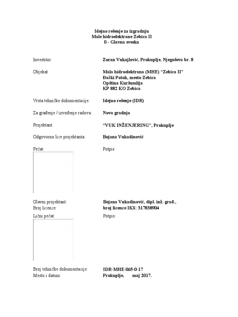 Idejno Resenje Mhe - Zebica 2 | PDF