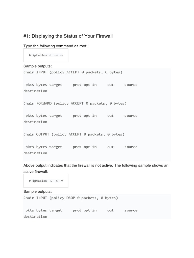 #1: Displaying The Status of Your Firewall: Type The Following Command As Root | PDF | Port ...