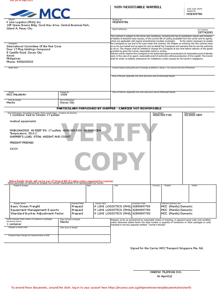 Verify Copy: Particulars Furnished by Shipper - Carrier Not Responsible ...