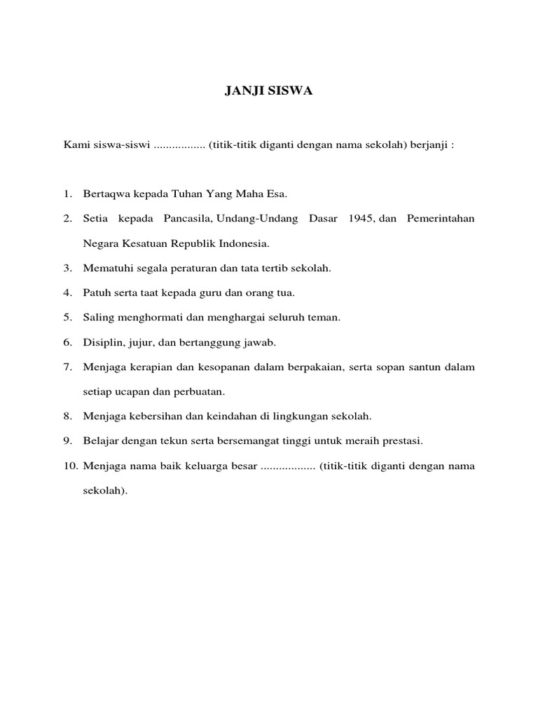 Teks Janji Siswa | PDF | Karier & Perkembangan | Seni & Disiplin Bahasa