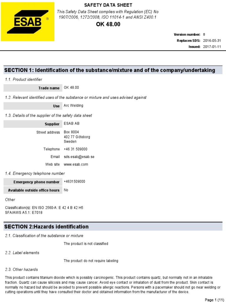 Esab Safety Data Sheet | PDF | Welding | Construction