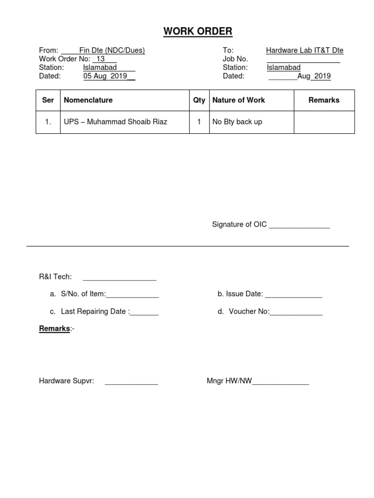 Work Order: Ser Nomenclature Qty Nature of Work Remarks | PDF | Office ...