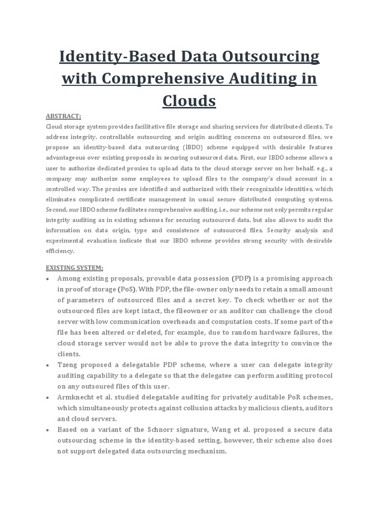 Identity-Based Data Outsourcing With Comprehensive Auditing in Clouds | PDF | Proxy Server ...
