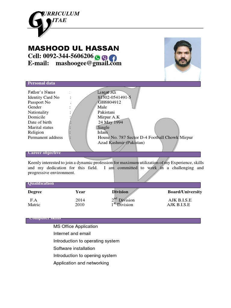 Curriculum Vitae of Mashood Ul Hassan | PDF
