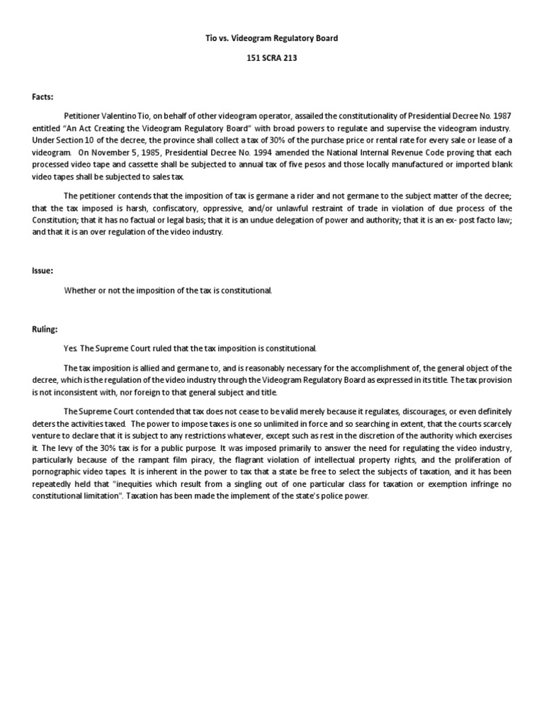 Tio Vs Videogram Regulatory Board | PDF | Decree | Taxes