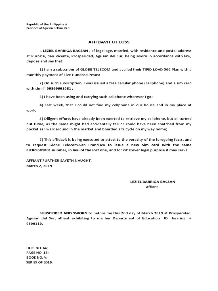 Affidavit of Loss Cellphone | PDF
