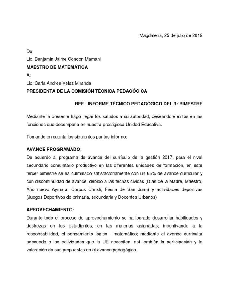 Informe Tecnico Pedagogico Del Primer Bimestre | PDF | Educación Secundaria | Plan de estudios