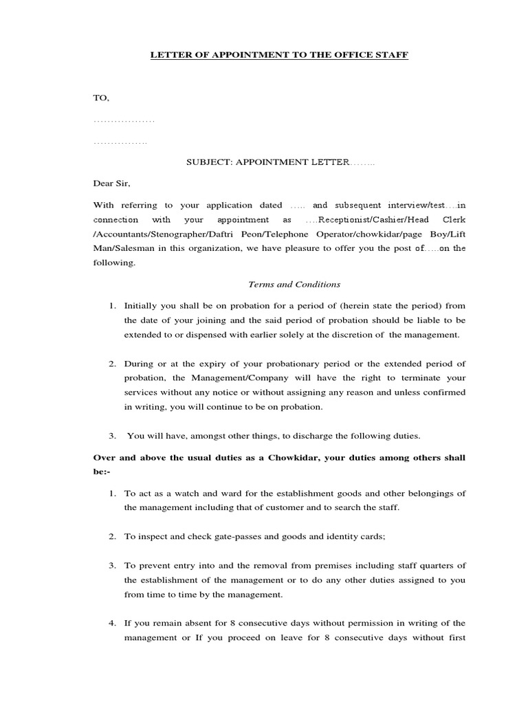 Letter of Appointment To The Office Staff | PDF | Employment | Common Law