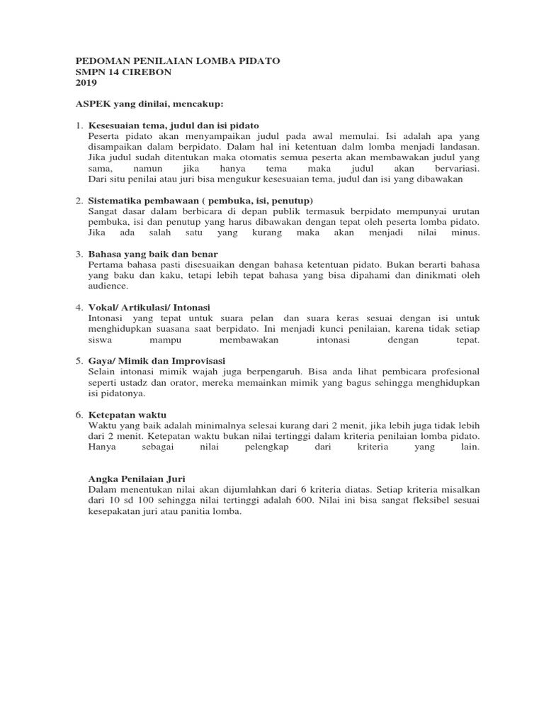 Pedoman Penilaian Lomba Pidato Pdf