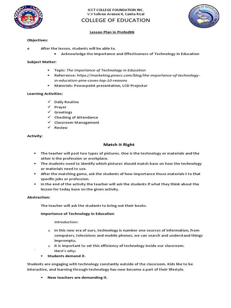 Lesson Plan in Profed06 | PDF | Learning | Teachers