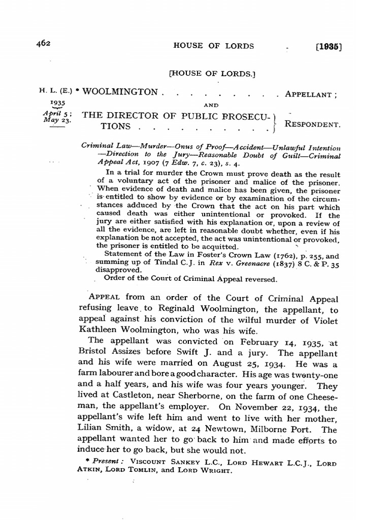 Woolmington V DPP (1935) AC 462 | PDF