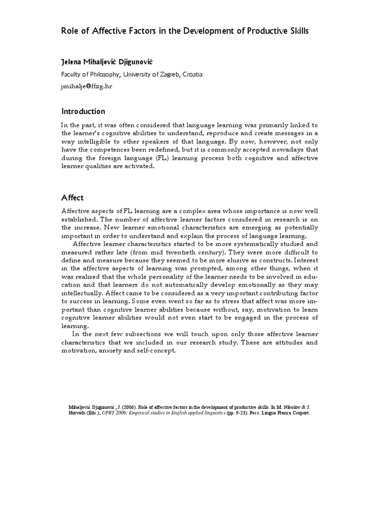 Role of affective factors in language learning | PDF | Speech | Second ...
