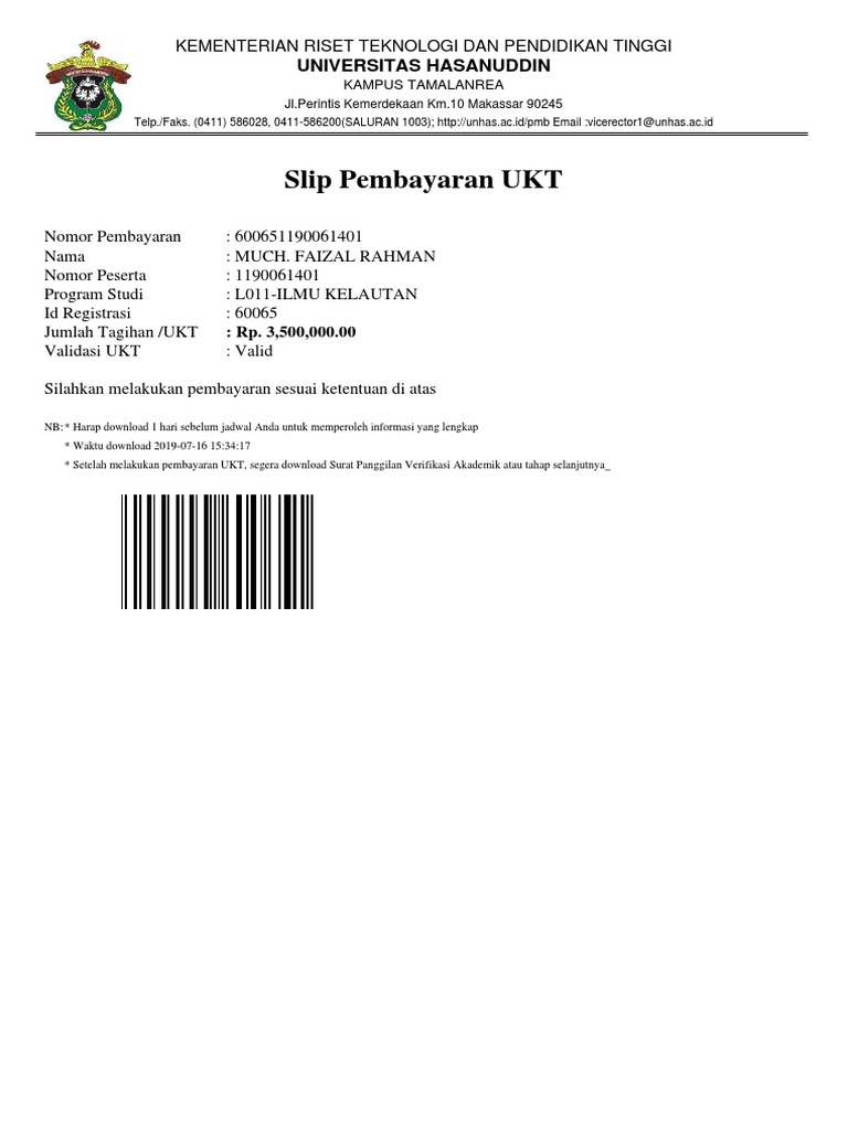 Slip Pembayaran UKT 1190061401 | PDF