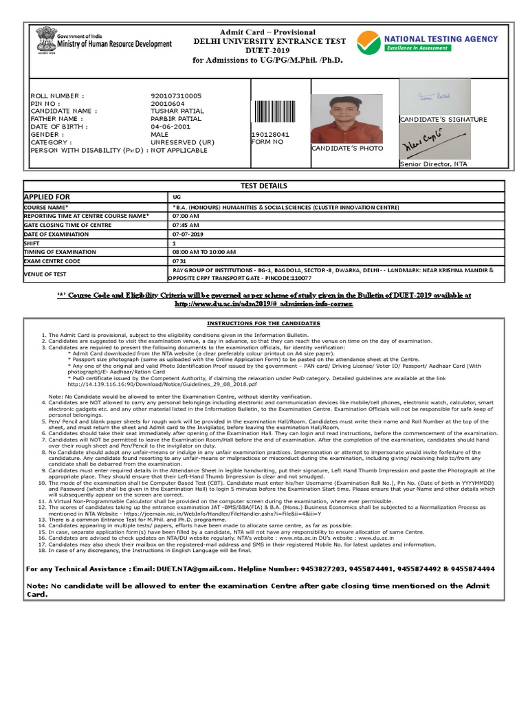 NTA Admit Card for BA Hons Entrance Exam | PDF | Identity Document ...