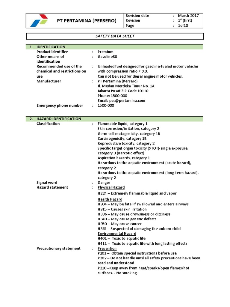 PT Pertamina (Persero) : Safety Data Sheet | PDF | Dangerous Goods ...
