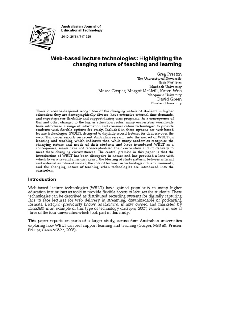 Web-Based Lecture Technologies: Highlighting The Changing Nature of Teaching and Learning | PDF ...