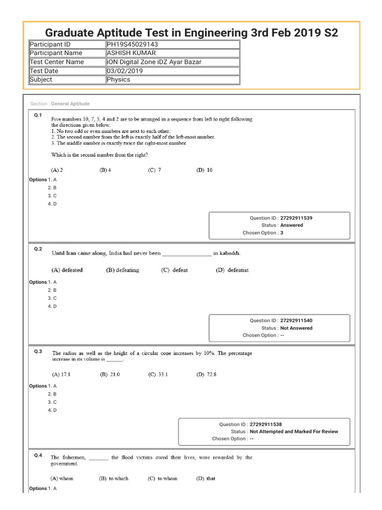 Graduate Aptitude Test in Engineering 3rd Feb 2019 S2 | PDF ...