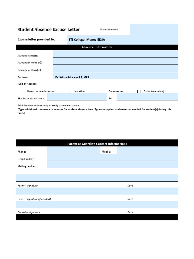 Student Absence Excuse Letter Template | PDF | Wellness