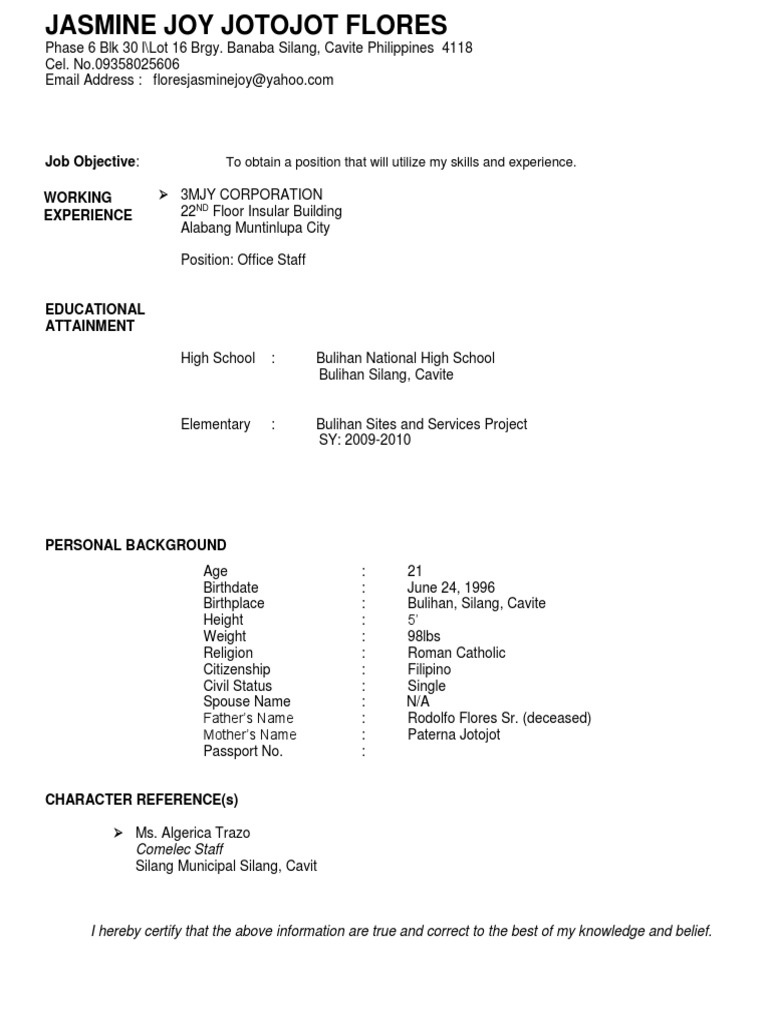 Job Objective: Working Experience: To Obtain A Position That Will ...