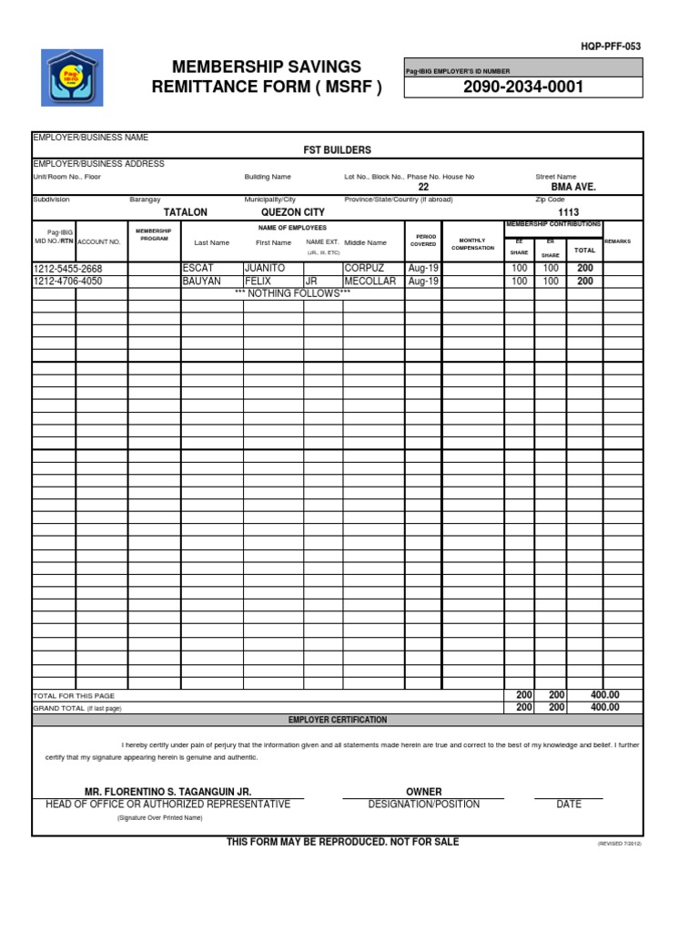 HQP-PFF-053 Membership Savings Remittance Form (MSRF | PDF | Business