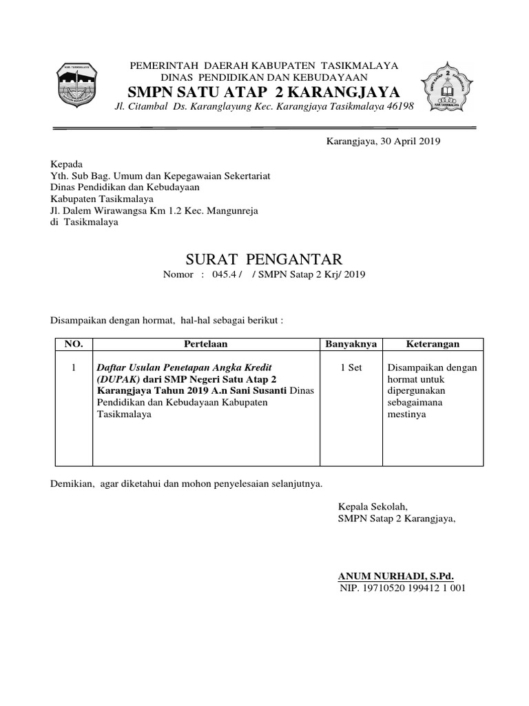 Surat Pengantar DUPAK 2019 | PDF