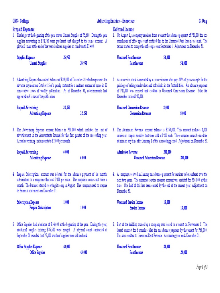 Adjusting Entries Exercises Landscape | PDF | Debits And Credits ...