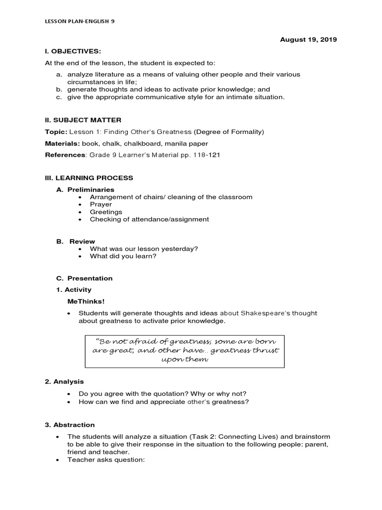 Lesson Plan English 9 | PDF | Teachers | Lesson Plan