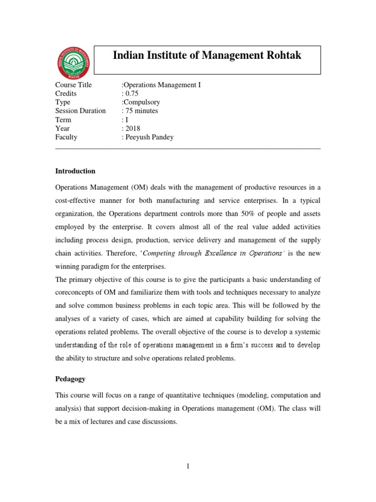 Operatio Course Outline - OM - I - 2018 | PDF | Operations Management ...