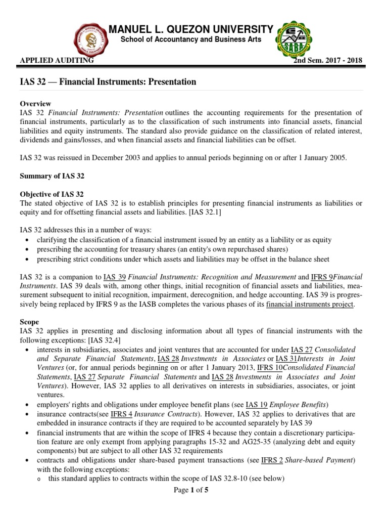 Manuel L. Quezon University: IAS 32 - Financial Instruments: Presentation | PDF | International ...