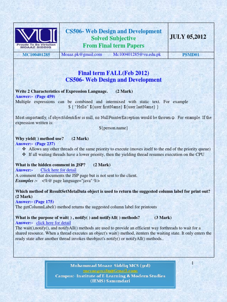 CS506-Finalterm Solved Subjective With References by Moaaz | PDF | Java Server Pages | Java Servlet