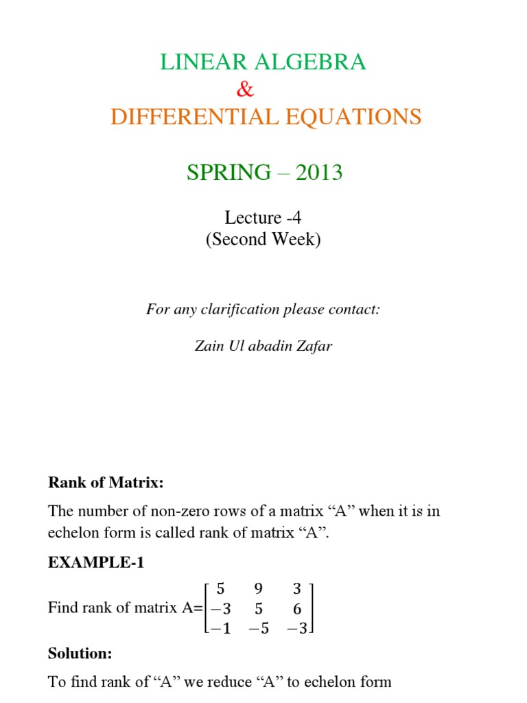 LINEAR ALGEBRA & DIFFERENTIAL EQUATIONS LECTURE RANK OF MATRIX | PDF ...